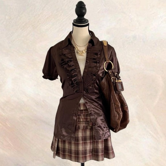 Fred David | Tops | Fred David Satin Brown Ruffle Blouse | Poshmark
